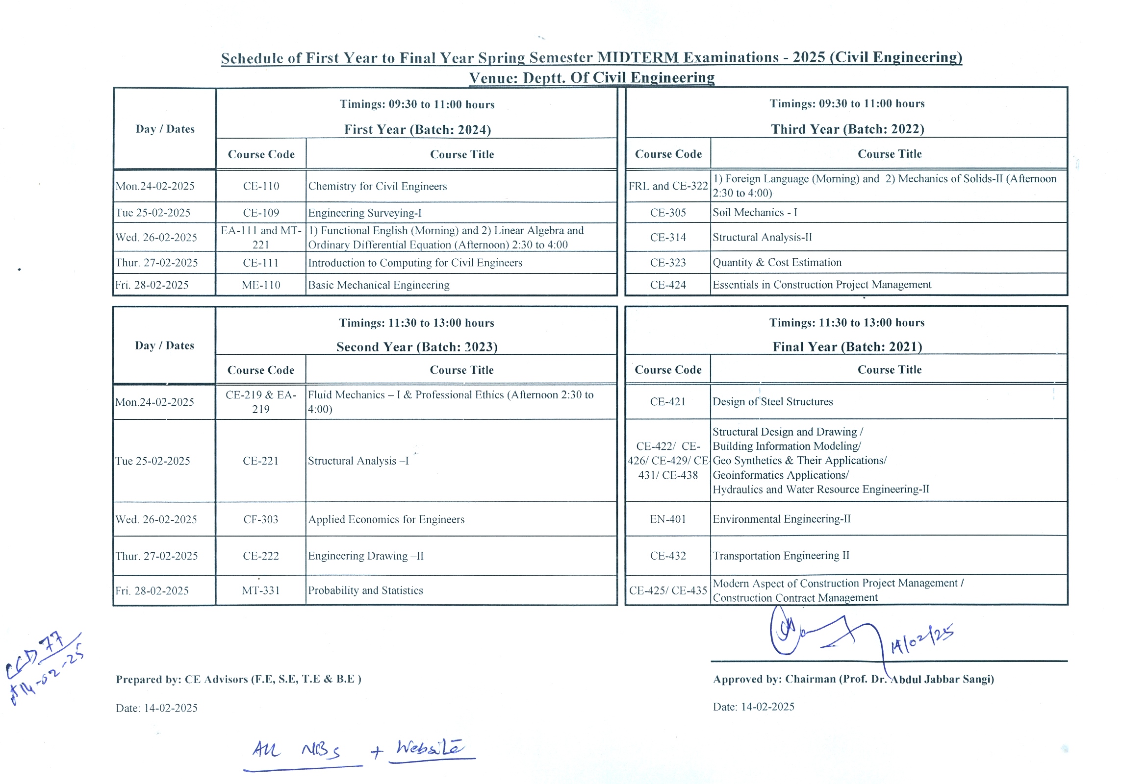 Midterm Exam Timetable | Department of Civil Engineering - NED University